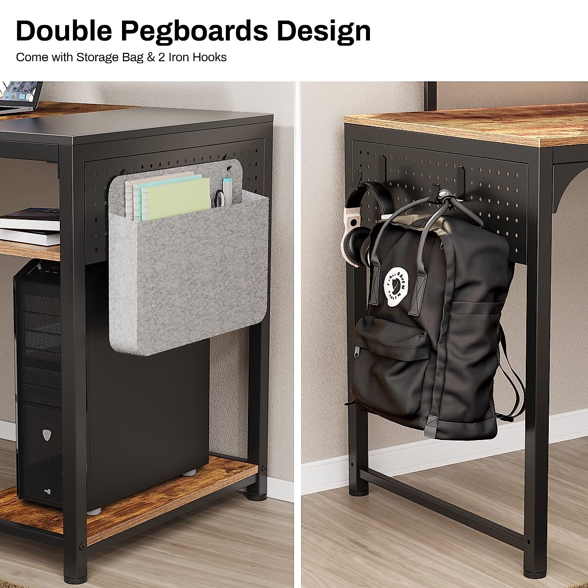 DESIGNA 55 Inch Home Office Computer Desk with Monitor Stand Storage Shelves, Study Writing Moder PC Computer Gaming Desk Large Workstation with 2 Hooks & Storage Bag,Easy Assembly，Rustic Brown/Black