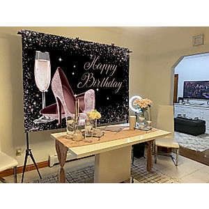 Rose Gold Glitter Happy Birthday Backdrop High Heels Champagne Glass Photography Background for Adult Women Birthday Party Decorations Banner Photo Booth 7x5ft