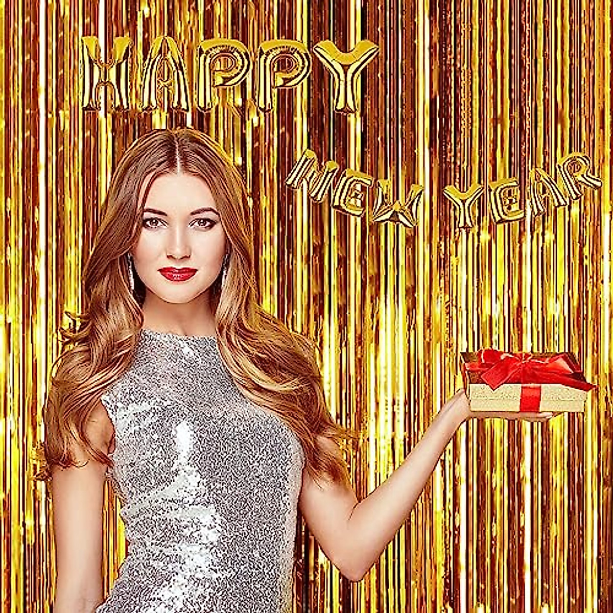 2 Pack 3.3x8.2 ft Gold Foil Fringe Curtains Backdrop, Tinsel Curtain Backdrop, Streamer Backdrop for Birthday Party, Graduation and Most Common Holiday Party Decorations. by TOPPOT