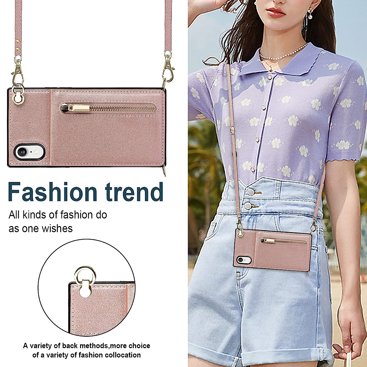 Jaorty Crossbody Phone Case for iPhone XR Case with Card Holder for Women,iPhone XR Case Wallet with Strap Lanyard for Men,PU Leather Magnetic Clasp with Kickstand 6.1", Rosegold