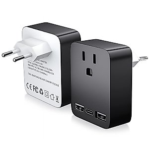 European Travel Plug Adapter, PChero US to Europe Plug Adapter with 3 USB Charger (1 USB C Port), International Type C Power Adaptor for US to Most of Europe Iceland Spain Italy France Germany