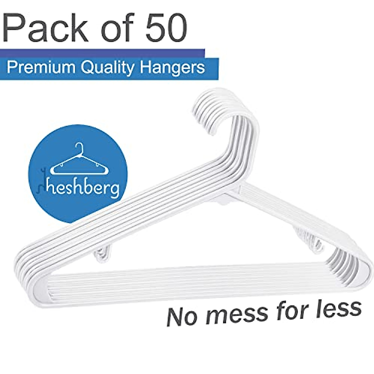 Heshberg Plastic Hooks Hangers Space Saving Tubular Clothes Hangers Standard Size Ideal for Everyday Use on Shirts, Coats, Pants, Dress, Skirts, Etc. (50 Pack) (White)