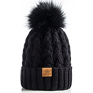 PAGE ONE Womens Winter Ribbed Beanie Crossed Cap Chunky Cable Knit Pompom Soft Warm Hat Black
