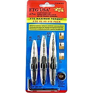 FTG USA Wood Countersink Drill Bit Set 3 Pc Countersink Drill Bit #6#8#10 Tapered Drill Bits with Improved Countersink Connection Drill Bit to Hex Shank Without Pin, 1 Stop Collar, 1 Allen Wrench
