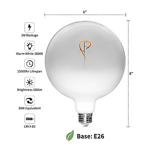 ONEWISH G150 Globe LED Bulb - Gradient Black Clear Glass Decorative Design, E26 LED Filament Bulb, Warm Lighting for Livingroom Kitchen Island, Café, Ceiling Hanging Light Fixture φ150mm(6")