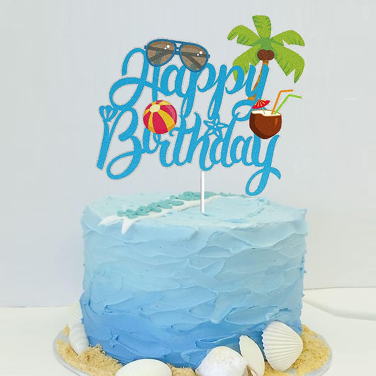 Summer Beach Coconut Happy Birthday Cake Topper Blue Glitter Summer Pool Swimming Surfing Party Decoration Summer Holiday Birthday Party Favor Supplies