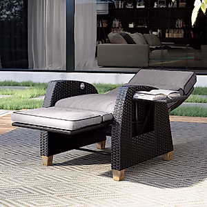 Grand patio Outdoor Reclining Chairs with Extended Footrest Adjustable WickerPatio Lounge Recliner up to 150° with Flip Side Table Cool Grey