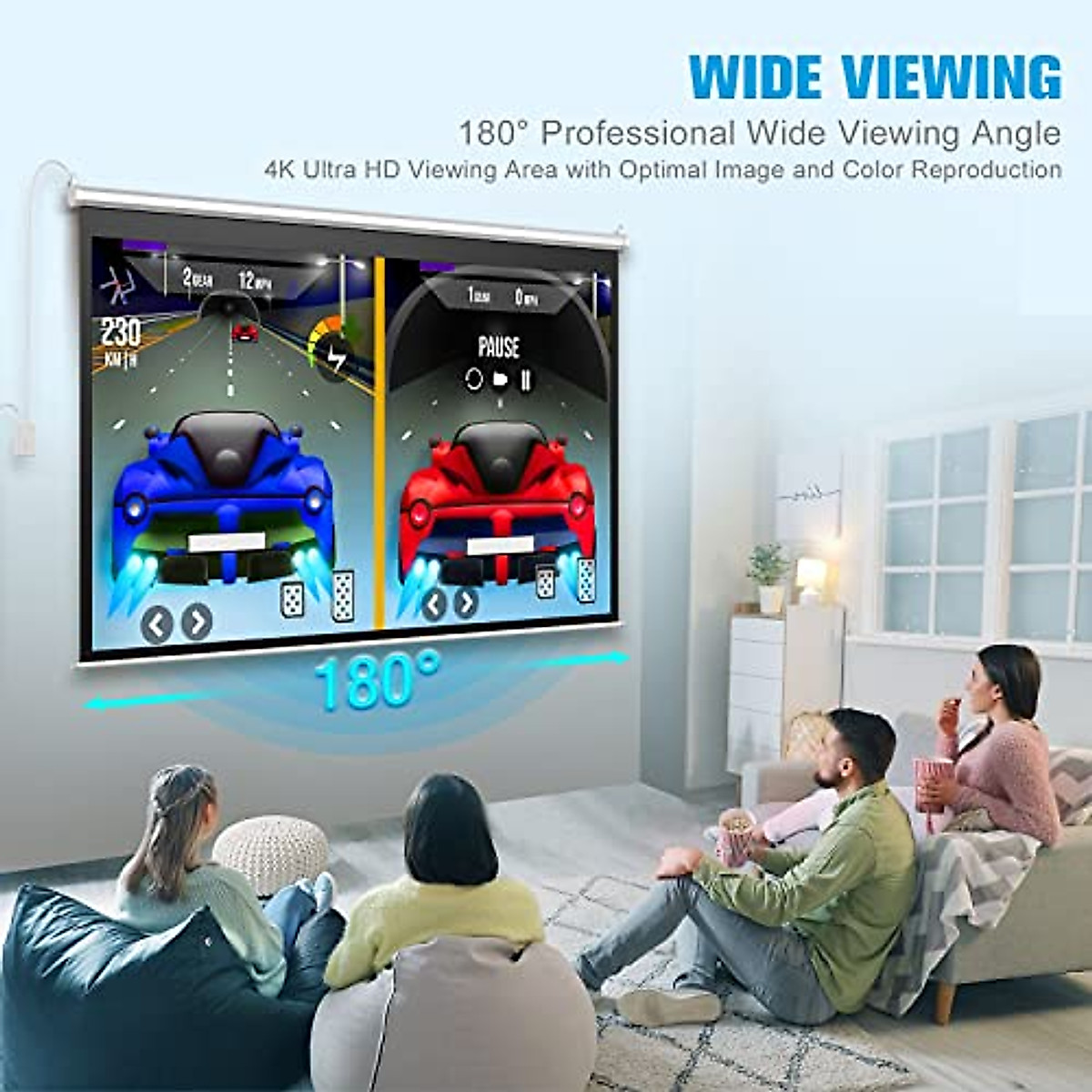 Powerextra 100 Inch Motorized Projector Screen with Wireless Remote Control 16:9 4K HD Wall/Ceiling Mounted Electric Movie Screen for Home Theater Presentation Education Outdoor Indoor