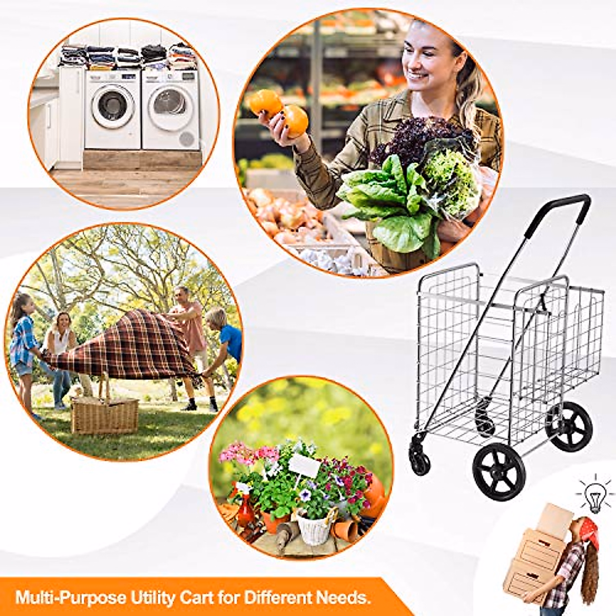 Wellmax Shopping Cart with Wheels, Metal Grocery Cart with Wheels, Shopping Carts for Groceries, Folding Cart for Convenient Storage and Holds Up to 66lbs, Dual Swivel Wheels and Extra Basket, Silver