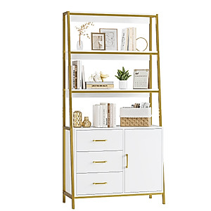 HITHOS 69" Tall Bookshelf, White Gold 4-Tier Bookcase with Wooden Drawers and Ladder Shelves, Free Standing Storage Cabinet Kitchen Bakers Rack with Microwave Oven Stand for Home Office