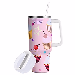ODAWA Large with Lid and Straw, Cute Cupcake Pink Spill Proof Tumbler with Straw Stainless Steel Insulated Tumblers