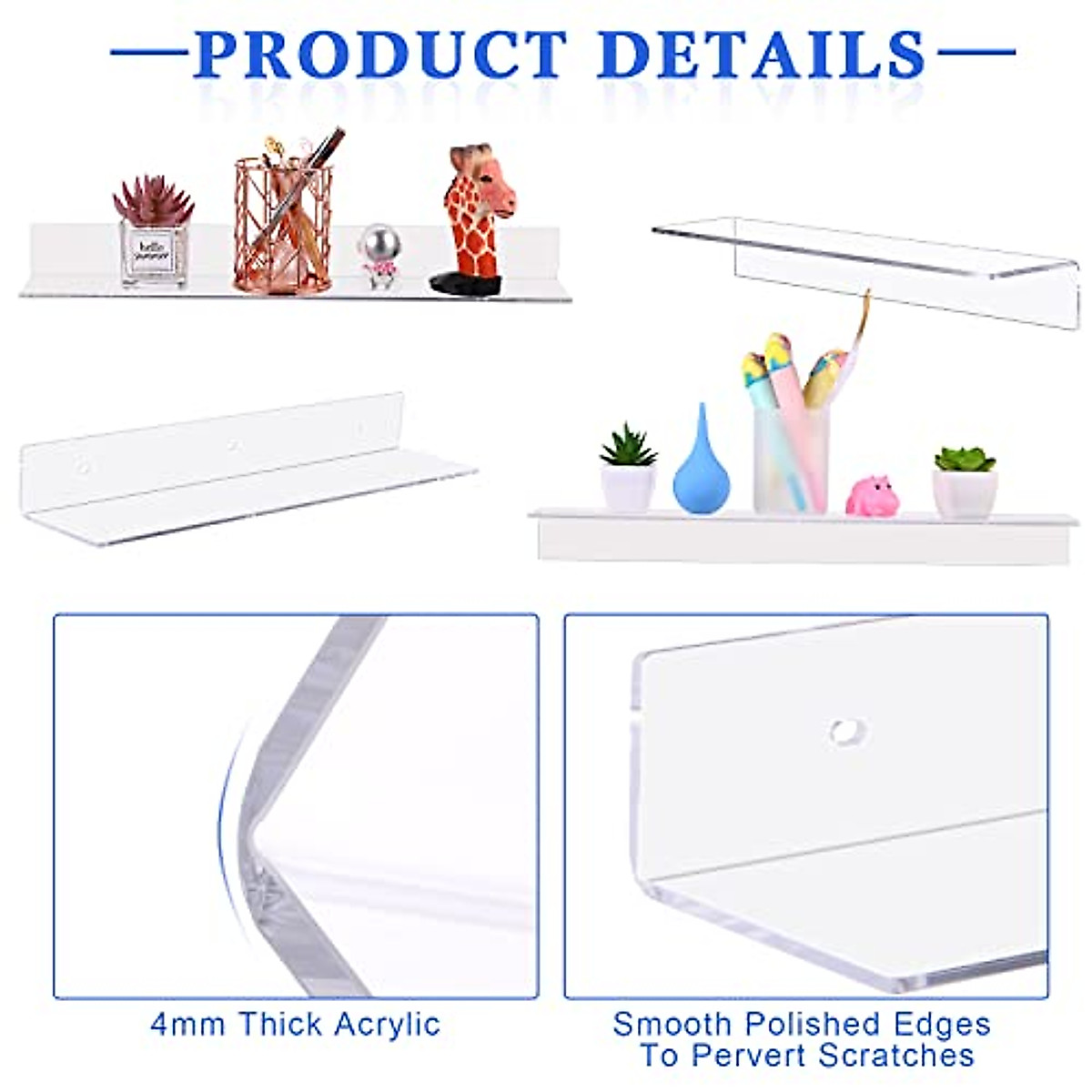 Qunclay 12 Pcs Clear Acrylic Shelves for Wall 15" Acrylic Floating Wall Shelf 4 mm Thick Wall Mounted Storage Shelf Long Clear Shelves for Bedroom Living Room Bathroom Kitchen Office Wall Display