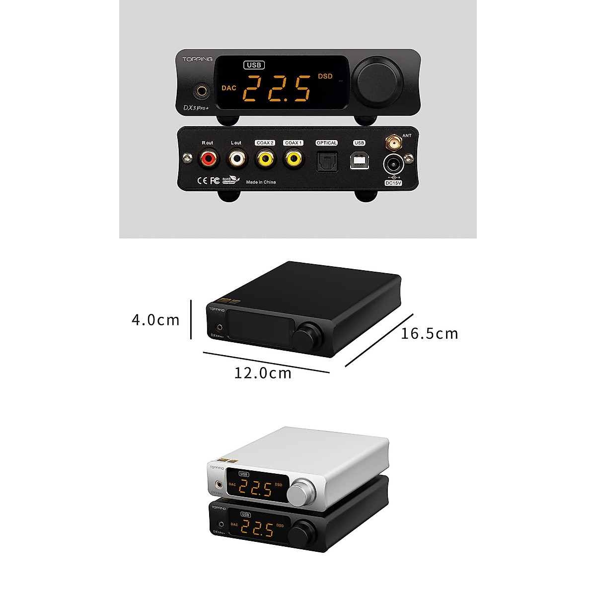 Topping DX3pro+ LDAC Headphone Amplifier - ES9038Q2M XU208 NFCA Bluetooth5.0 Audio Decoder USB/Opt/Coax DAC AMP Pre Amplifier with Remote Control (Sliver)