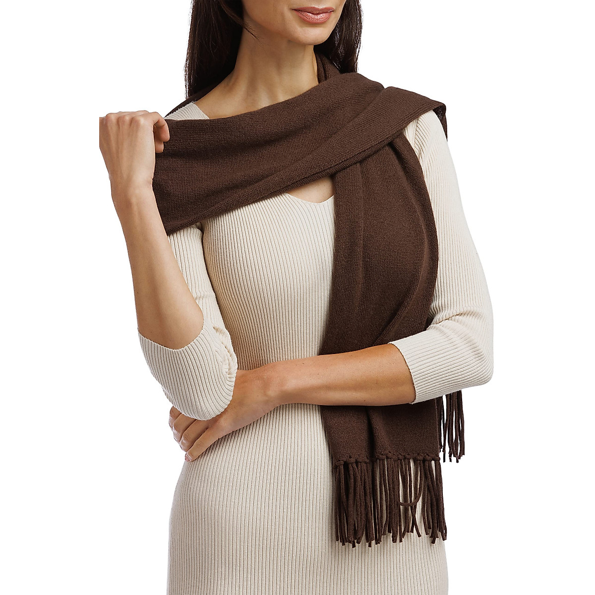 Fishers Finery Women's 100% Cashmere Knit Scarf with Fringe Detail; Super Soft and Warm Classic Winter Fashion Scarf, Black Label Gift Box Included (Brown)