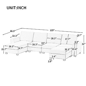 kevinplus 129'' Sectional Sofa Couch for Living Room, 4-Seat Modern Sofa Couch with Moveable Chaise Ottoman for Apartment Office Studio, Solid Wooden Legs, Beige