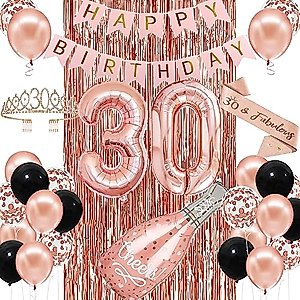 30th Birthday Decorations for Women Girl 30th Birthday Decorations for Her with Number 30 Balloons, Happy Birthday Banner, Bachdrop, Chreers Rose Gold Crown, 30 Sash for Women Birthday Supplies