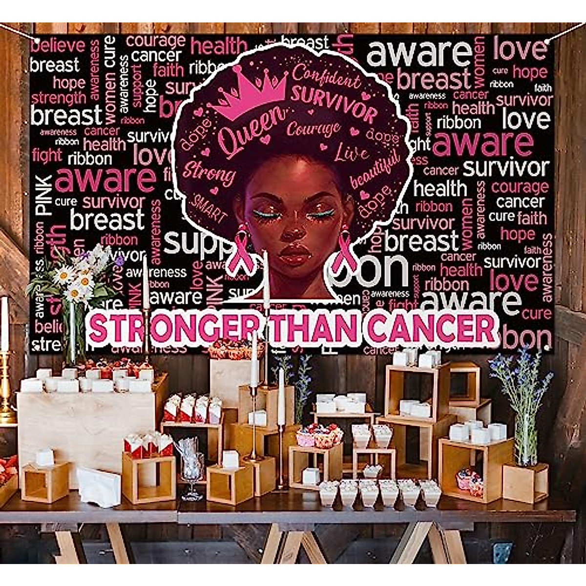 Pudodo Breast Cancer Awareness Backdrop Banner Stronger Than Cancer Pink Ribbon Support Photography Background Wall Decoration (3.6×5.9ft, Black)