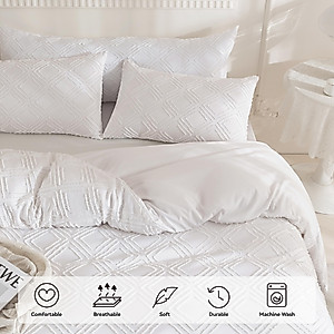JELLYMONI Bright White Duvet Cover Queen Size - 3PCS Microfiber Tufted Duvet Cover Set, Boho Textured Duvet Cover Jacquard Rhombus Geometric Pattern Duvet Cover with Corner Ties & Zipper Closure