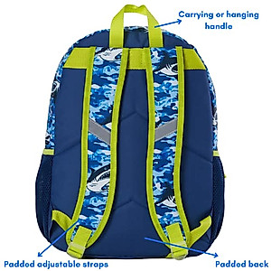 RALME Ocean Blue Camo Shark Backpack Set for Boys, 16 inch, 6 Pieces - Includes Foldable Lunch Bag, Water Bottle, Key Chain, & Pencil Case