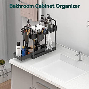 Warmodern 2 Pack Under Sliding Cabinet Basket Organizer, 2 Tier Bathroom Organizer Under Sink, Kitchen Cabinet Organizers Baskets with 8 Hooks and 4 Hanging Cups, Under Sink Storage for Bathroom