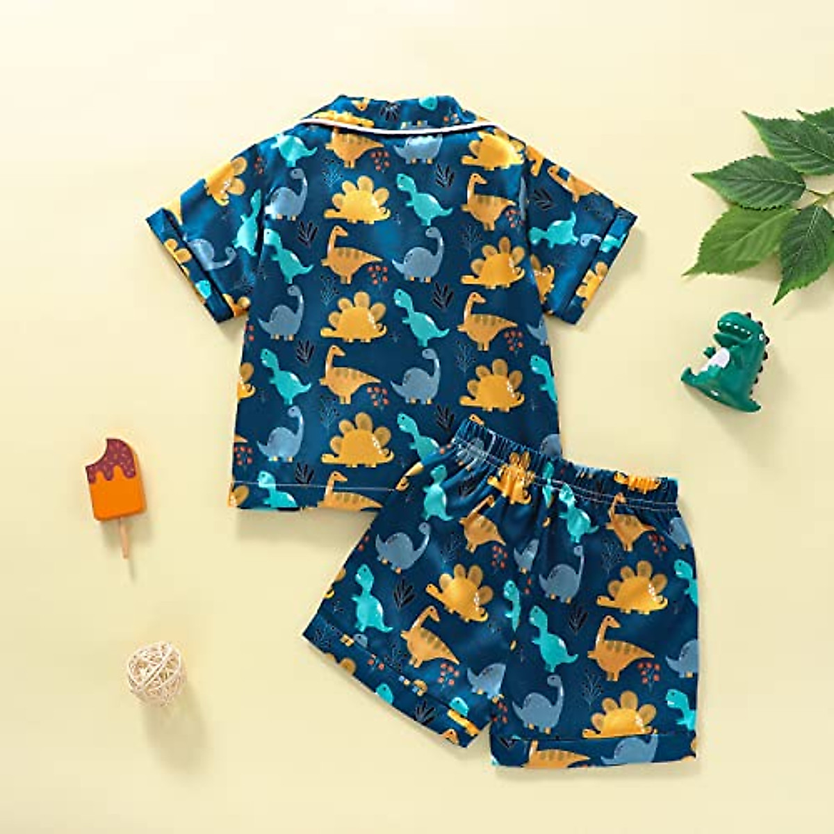 Qiylii Toddler Baby Boy Silk Pajamas Cow/Dinosaur Satin Pajamas Set Short Sleeve Button-Up Top Shorts 2PC PJs Summer (as1, age, 5_years, Blue)