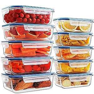 HOMBERKING 10 Pack Glass Meal Prep Containers, Glass Food Storage Containers with Lids, Airtight Glass Lunch Bento Boxes, BPA-Free & Leak Proof, 36oz & 14oz (10 lids & 10 Containers) - Blue