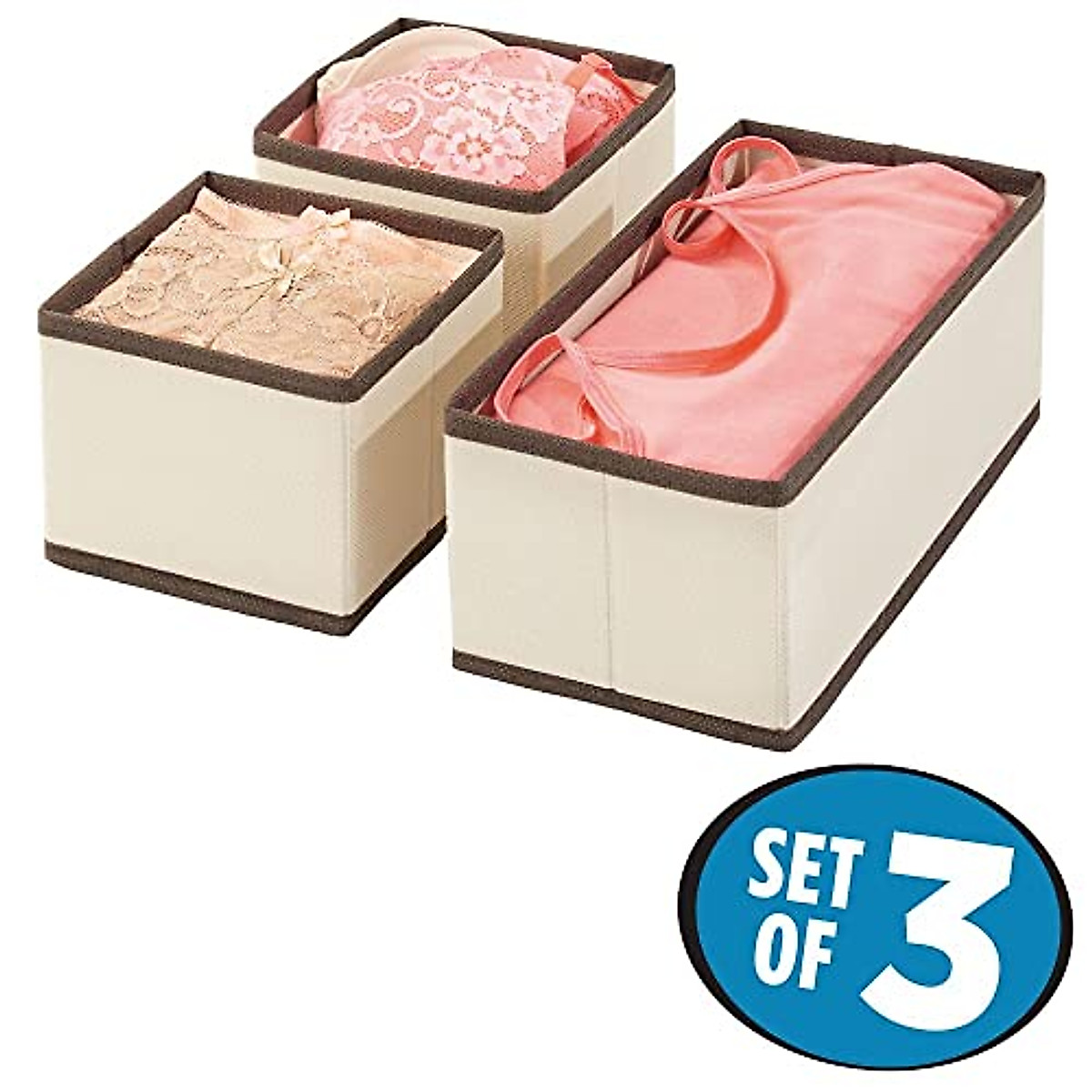 mDesign Fabric Dresser Drawer and Closet Storage Organizer Bin for Bedroom - Holds Lingerie, Bras, Socks, Leggings, Clothes, Purses, Scarves, Lido Collection, Set of 3 - Cream/Espresso Brown