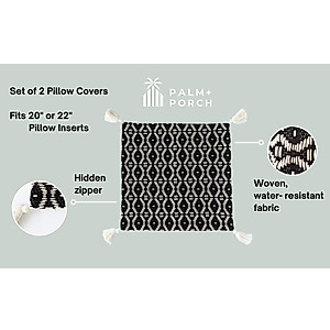 Palm and Porch - Boho Outdoor Pillow Covers - 20x20 Set of 2 - Woven Water Resistant Outdoor Pillows for Patio Furniture - Black and White Outdoor Pillows with Tassels