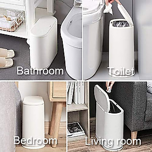 AIFUSI Trash Can, 10 Liter / 2.4 Gallon Plastic Slim Garbage Container Bin with Press Top Lid, White Waste Basket for Kitchen, Bathroom, Living Room, Office, Narrow Place(Ivory White