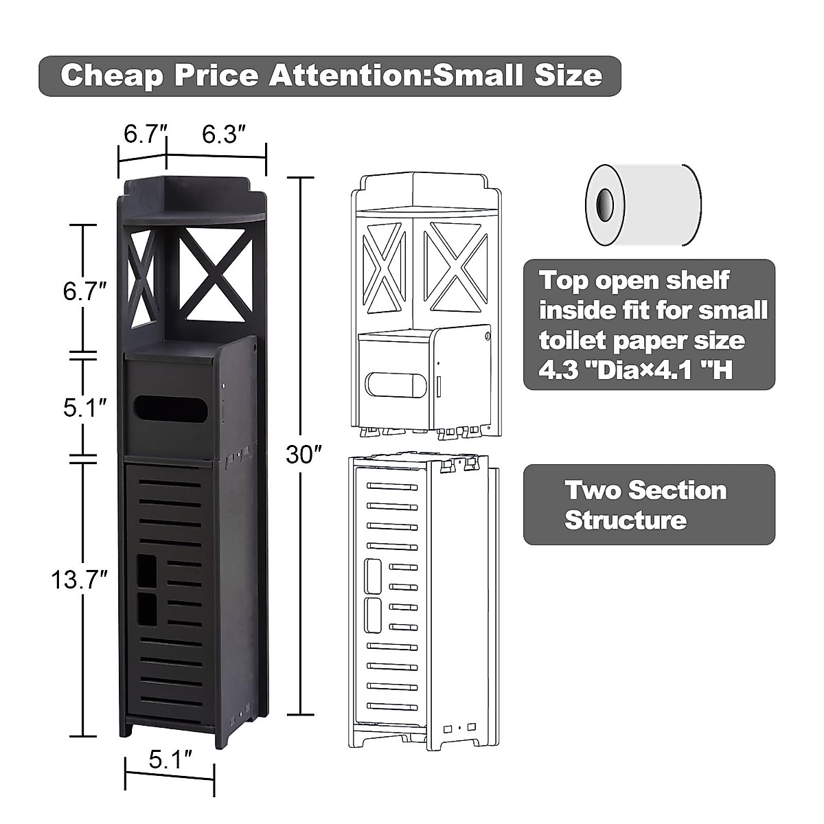 AOJEZOR Toilet Paper Storage,Small Bathroom Storage for Half Bathroom,Small Bathroom Storage for Tiny Spaces,Little Shelf for Bedroom,Narrow Toilet Paper Cabinet for Restroom,Black