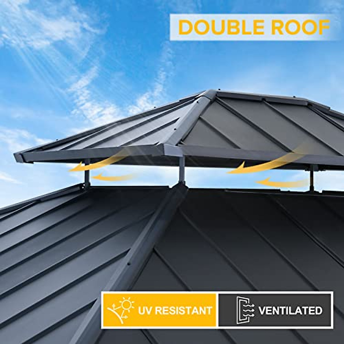 EAGLE PEAK 11x13 Hardtop Gazebo, Galvanized Steel Double Roof Gazebo with Cedar Wood Frame, Outdoor Pavilion with Netting for Patio, Deck, Lawn and Garden, Natural Wood/Black