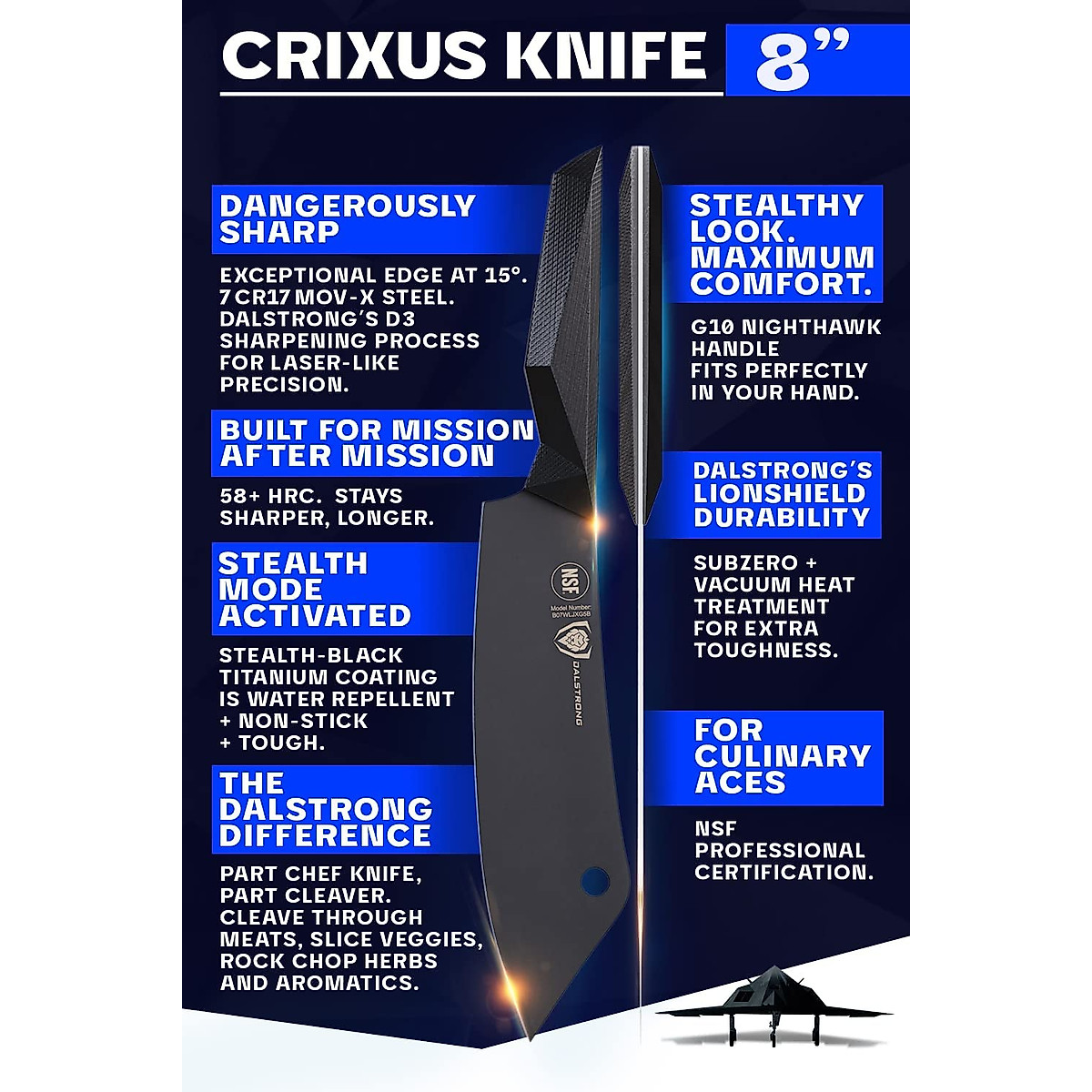 Dalstrong Hybrid Cleaver & Chef Knife - 8 inch - 'The Crixus' - Shadow Black Series - Razor Sharp Black Titanium Nitride Coated - High Carbon 7CR17MOV-X Vacuum Treated Steel - Sheath - NSF Certified