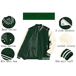 COOFANDY Mens Letterman Jackets Unisex Baseball Bomber Jacket Wool Faux Leather Coats Outwear Green Fall Jacket
