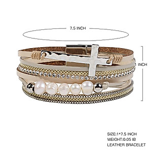 Vercret Leather Wrap Bracelet for Women - Multi-Layer Bracelets with Pearl Cross Beige Magnetic Clasp Bangle Cuff Stacked Bracelet for lady and Mother
