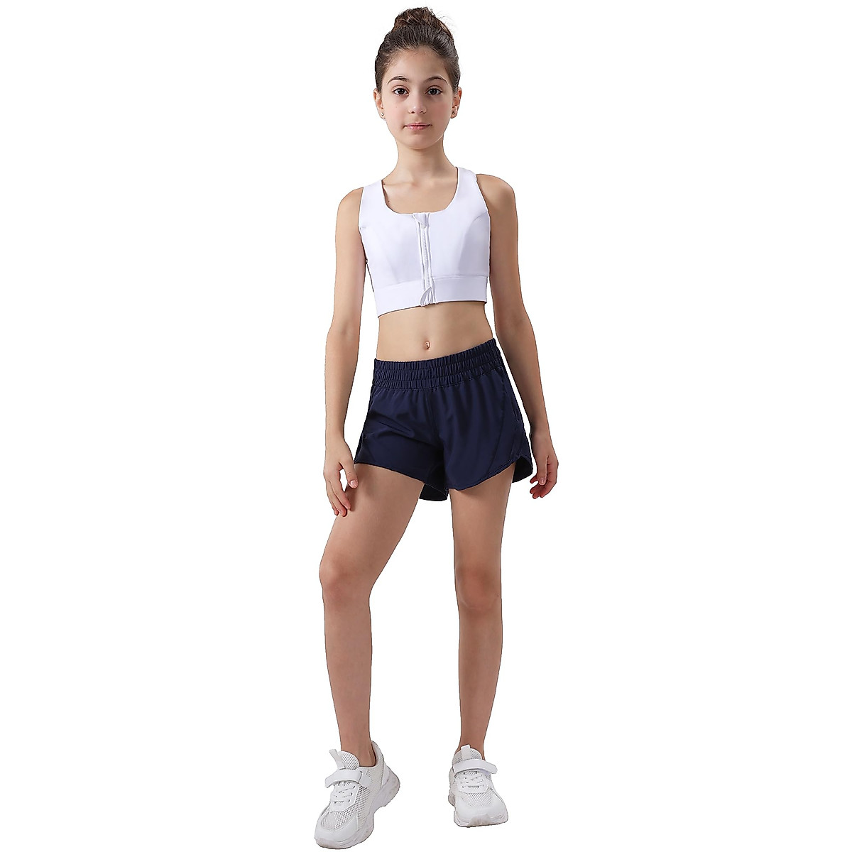 Aurefin Girls Athletic Shorts, Quick Dry Running Shorts for Kids Teen Girls Active Sports Track Shorts with Zip Pocket Liner Navy Blue/XS