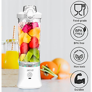 Juice Jet, 20oz Portable Blender, 6 Blade Mixer, USB Rechargeble, Personal Size Blender, High Speed, with Travel Lid, BPA Free, Gym, Home, Outdoor, Office, Family (White)