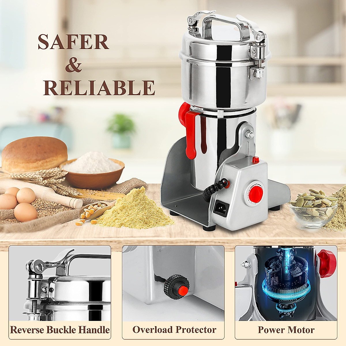 750g Electric Grain Dry Grinder Commercial Swing Type Dry Mill Machine, Stainless Steel 2600W High Speed Pulverizer for Coffee Spice Grind…
