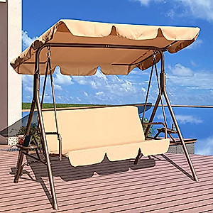 GOLDSUN 3 Person Outdoor Weather Resistant Patio Glider Swing Hammock with Utility Tray, Removable Cushion, & Canopy for Patio, Garden, or Deck, Beige