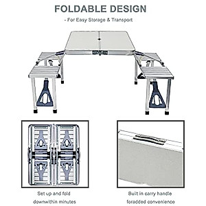 Carivia Aluminum Foldable Table Camping Picnic Folding Grilling Table w/ 4 Chairs Seats Umbrella Hole Fold Up Suitcase Table for Travel Picnic Camping BBQ Party