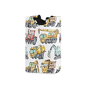 Watercolor Trucks and Cars Red Tractor, Excavator, Concrete Mixer Laundry Hamper Basket Bucket, Foldable Dirty Clothes Bag, Waterproof Fabric Washing Bin, Toy Storage with Handles for Bathroom