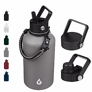 BJPKPK Half Gallon Insulated Water Bottles with Straw Lid,64oz Large Water Bottle,Stainless Steel Water Bottles with 3 Lids and Paracord Handle, Water Bottle for Hot & Cold Liquid,Gray