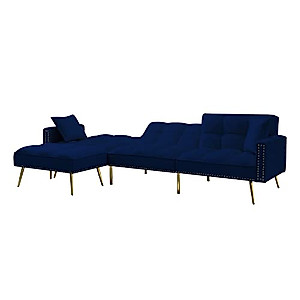 Eafurn Sectional Sleeper, 900 LB Heavy Duty 107 inch 3 Seater L Shaped Sofa Chaise,Velvet Futon Couch Modern Day Bed W/Nail Head Trim for Living Room Small Spaces, Navy Blue