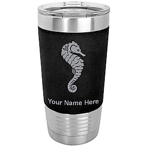 LaserGram 20oz Vacuum Insulated Tumbler Mug, Seahorse, Personalized Engraving Included (Faux Leather, Black)
