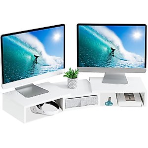 TEAMIX White Dual Monitor Stand Riser with Drawer - Length and Angle Adjustable Double Corner Desk Shelf Organizer 37 inch Long for 2 Laptop/PC/Screen/TV
