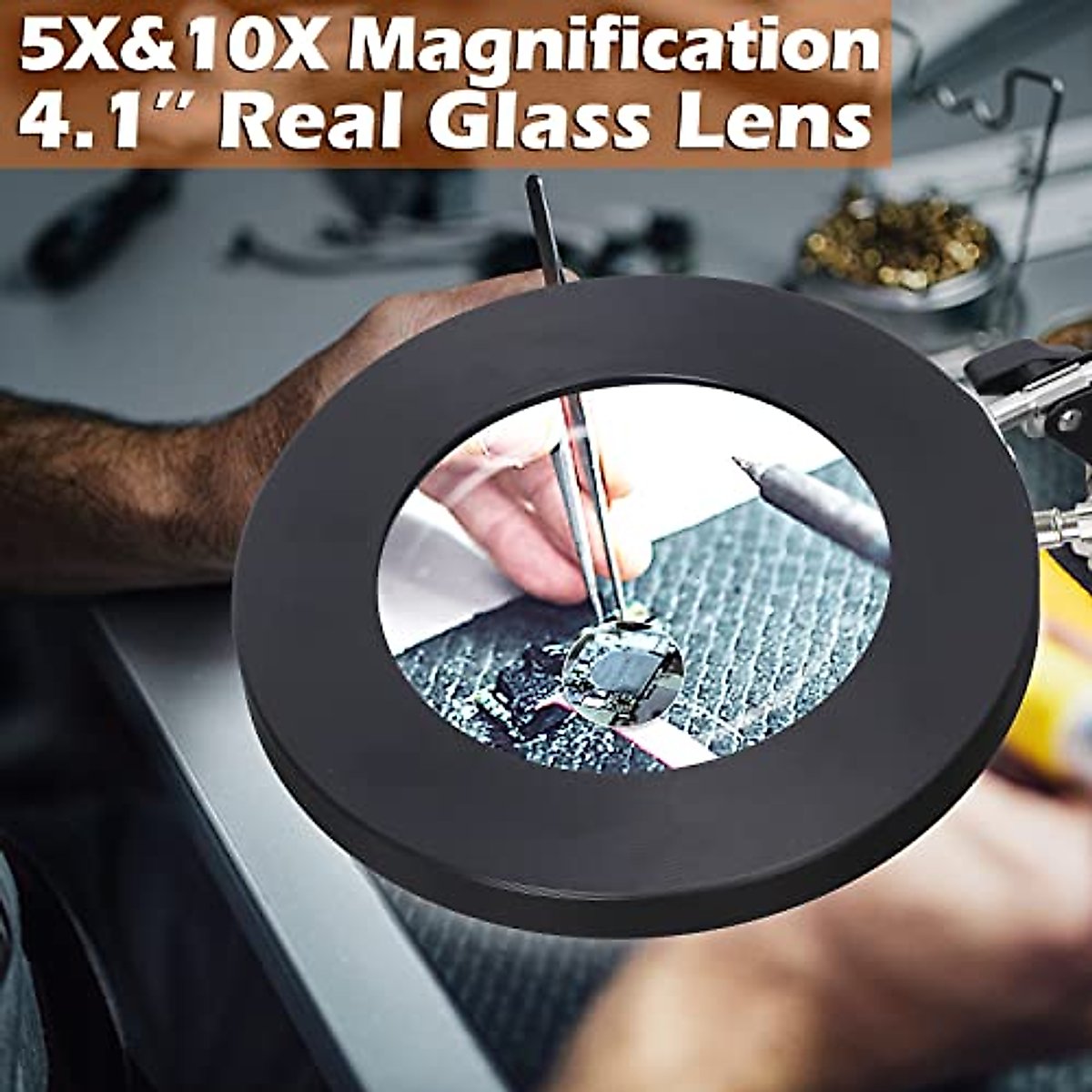 5X&10X Magnifying Glass with Light and Stand, KUVRS Flexible Magnetic Helping Hand, Large Base&Clamp Magnifying Lamp, 3 Color Adjustable Arm Desk Magnifying Glass with Light for Soldering Craft Hobby