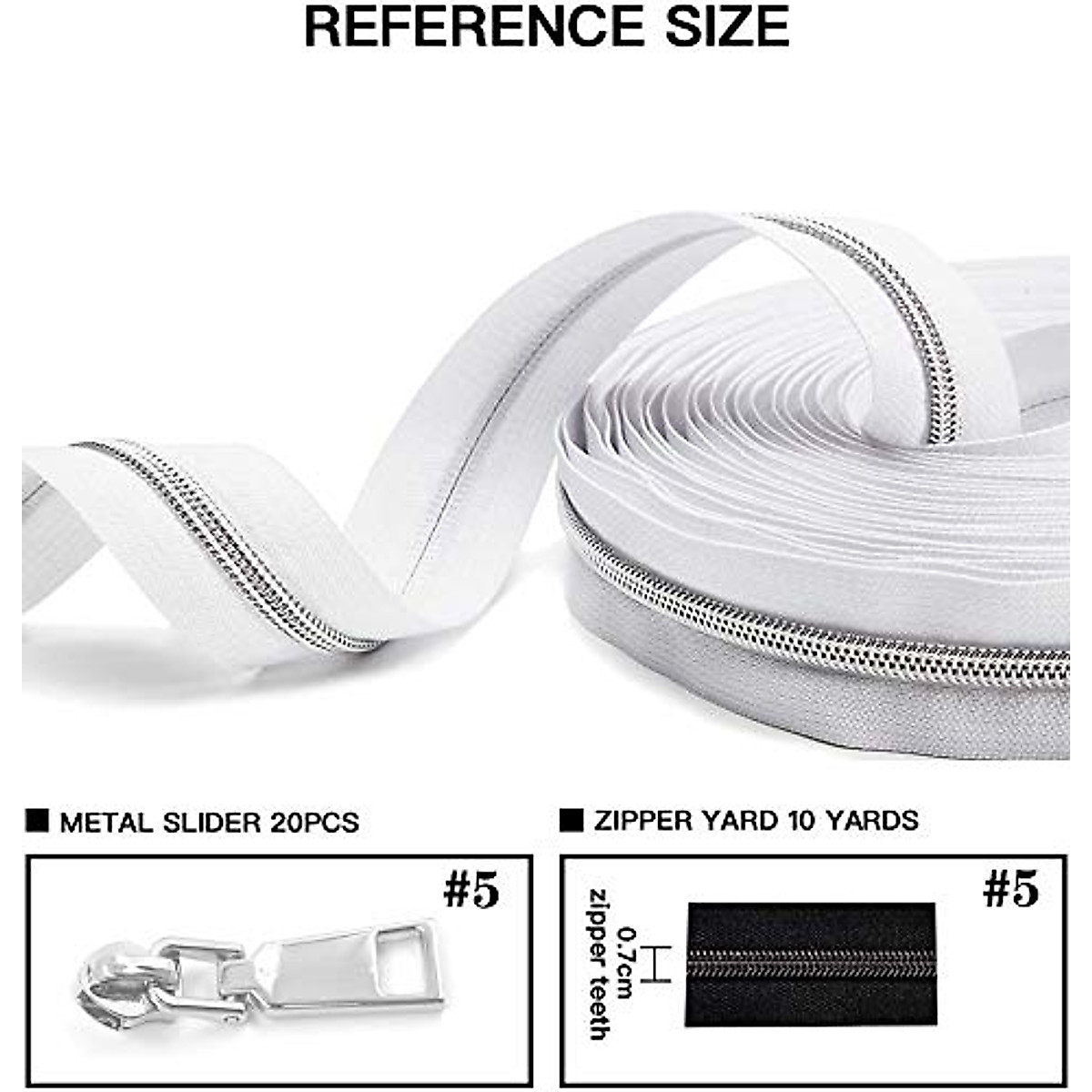 SBest Nylon Zippers #5 10 Yards Sewing Zippers Bulk DIY Zipper by The Yard Bulk with 20PCS Slider-Long Zippers for Tailor Sewing Crafts Bag (Silver Teeth White Tape)