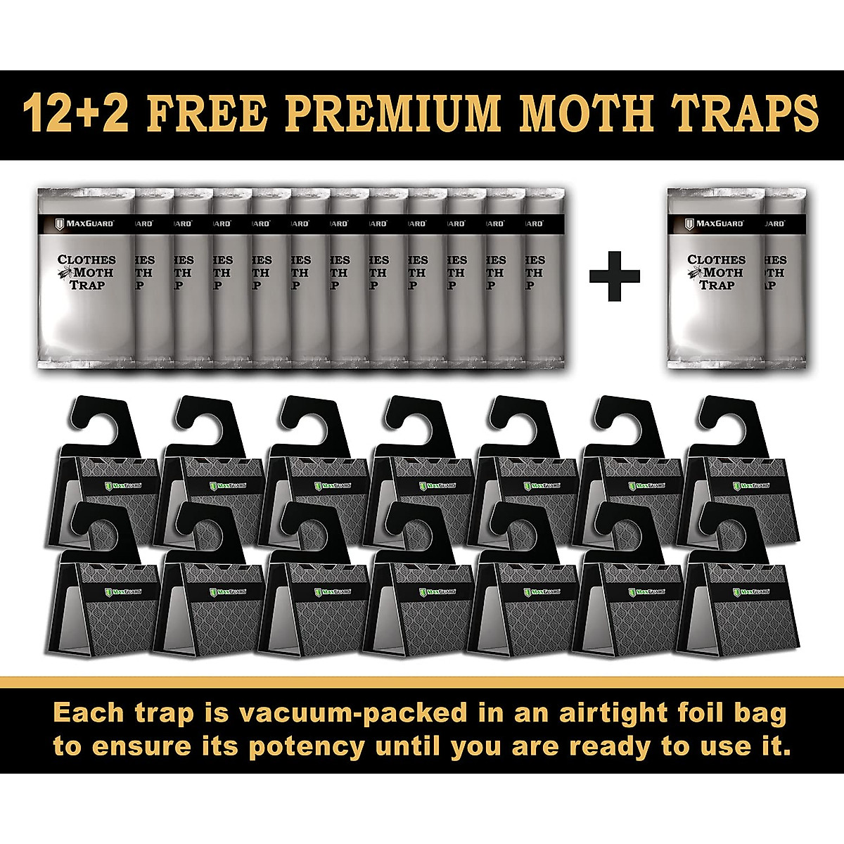 MaxGuard Clothes Moth Traps (12+2 Free Traps) Extra Strength Pheromones | Non-Toxic Sticky Glue Trap for Closets and Carpet Moths | No Mothballs | Lure, Trap and Kill Case-Bearing Webbing Moths |