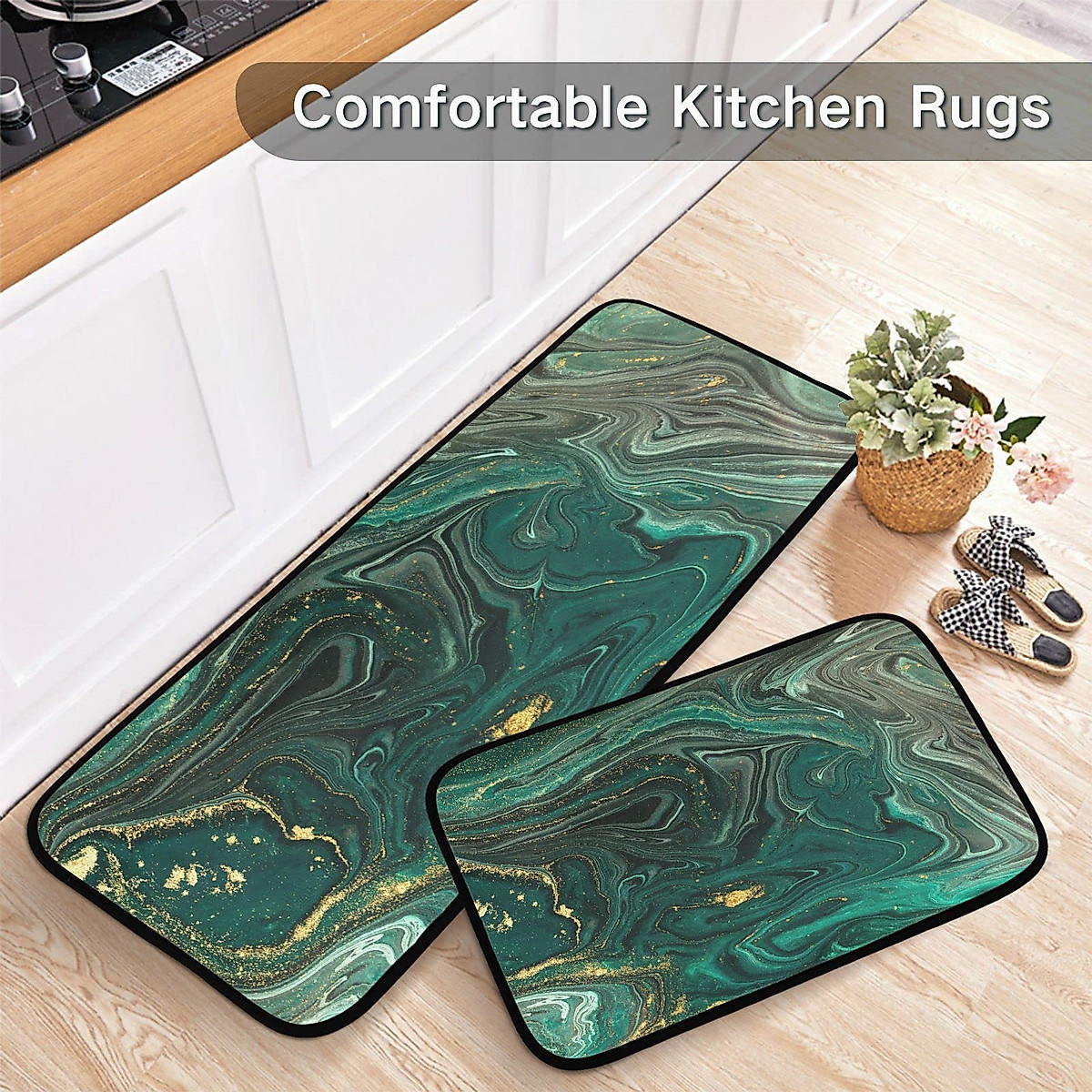 J JOYSAY Green Marble Kitchen Rugs and Mat 2 Pieces Set Cushioned Anti Fatigue Kitchen Mat Non Slip Comfort Standing Rug Washable Farmhouse Decor for Sink Table Fridge Fall