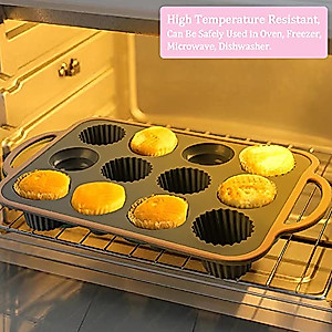IKOJING Muffin Pan Silicone Baking Pan, Muffin Tin, 12-Cavity Cupcake Chocolate Silicone Mold, Non-Stick Baking Cup, BPA Free, Dishwasher Safe, 201 Stainless Steel Inside, No Deformation (Pink)