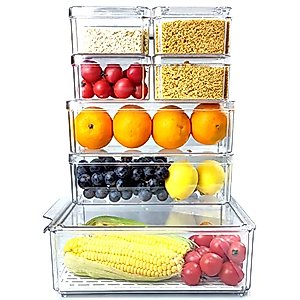 Fridge Organizer with Lid, Set of 7 Stackable Plastic Organizer Bins, and Removable Drain Tray Vegetable Storage Containers for Refrigerator, for Freezer, Cabinet, Kitchen Pantry Organization (7 pack)